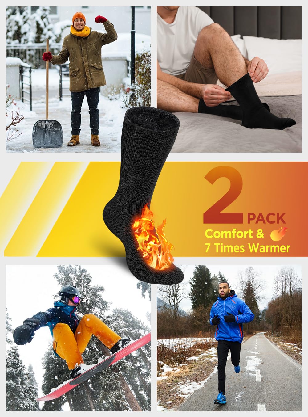 Bymore 2Pairs Thermal Socks for Men,Heated Thick Crew Socks,Warm Winter Socks Insulated Cold Weather