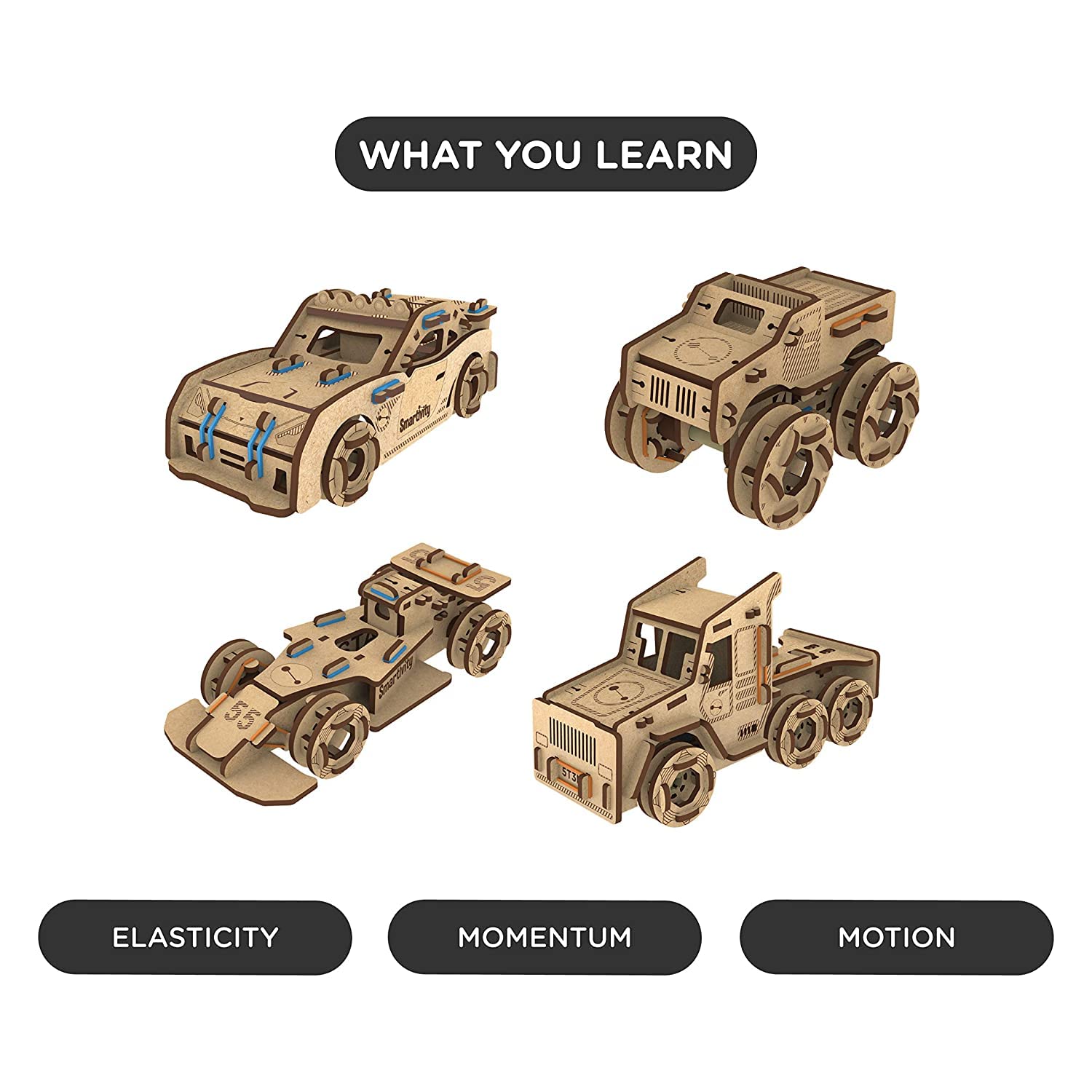 Smartivity Torque Busters 3D Wooden Car Engineering STEM Toy Building Set for Kids Ages 6 and Up, Includes Rubber Bands, Engineered Wood Components, Instruction Manual, Learner's Log