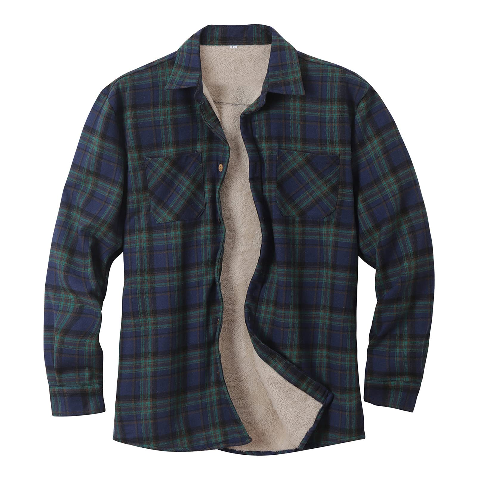 Burband Mens Long Sleeve Sherpa Fleece Flannel Shirts Button Down Berber Lined Shackets Warm Camp Shirts Plaid Jackets, Green, X-Large