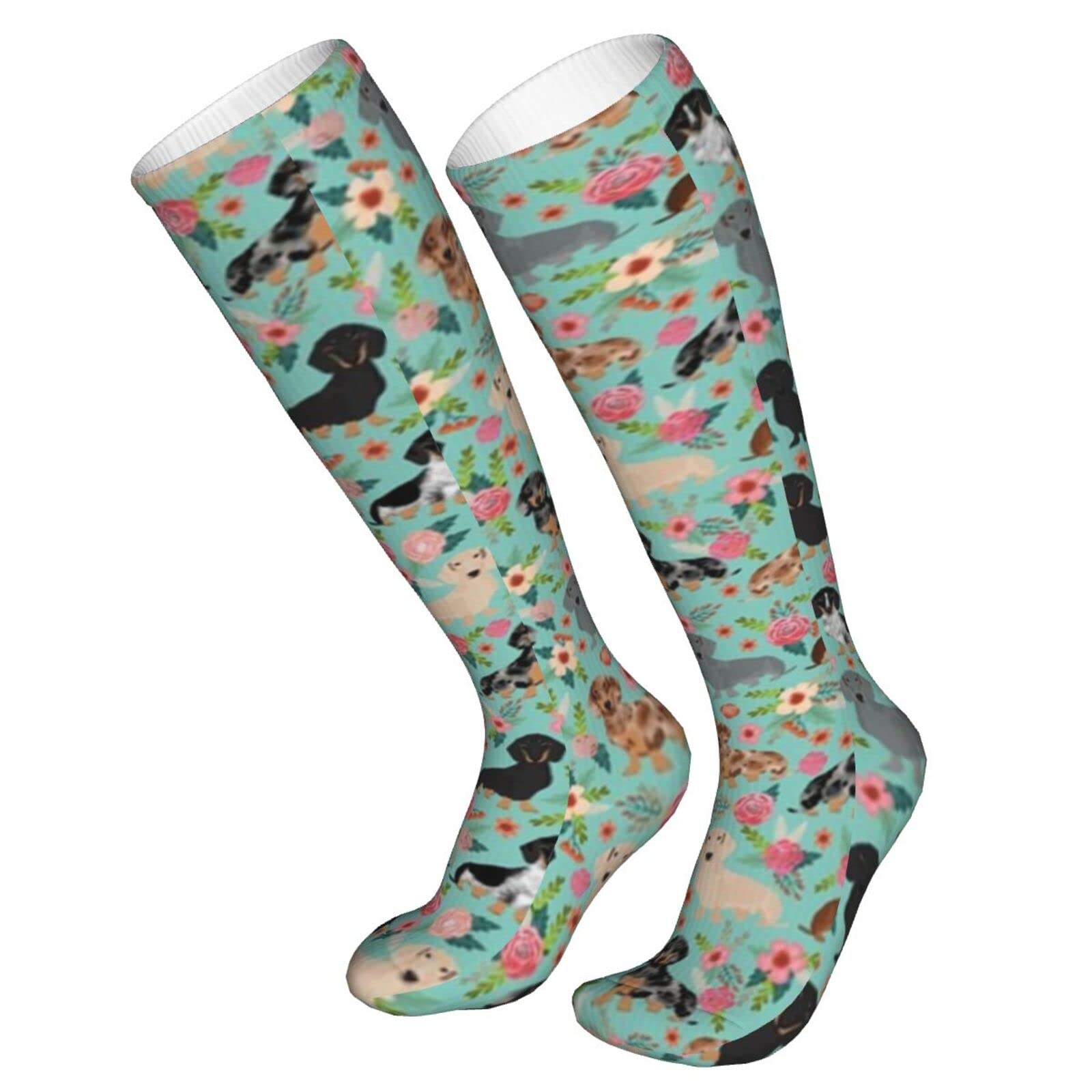 chegna Dachshunds Florals Compression Socks for Women & Men Circulation 15-20 mmHg is Best Support for Athletic Running Cycling, White, 10463