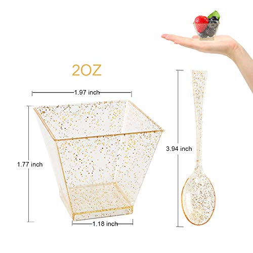 I00000 200 Pieces Small Plastic Dessert Cups with Mini Spoons Gold Glitter, Premium Quality, Includes Disposable Square Cups 2 Oz and 100 Pieces Gold Spoons