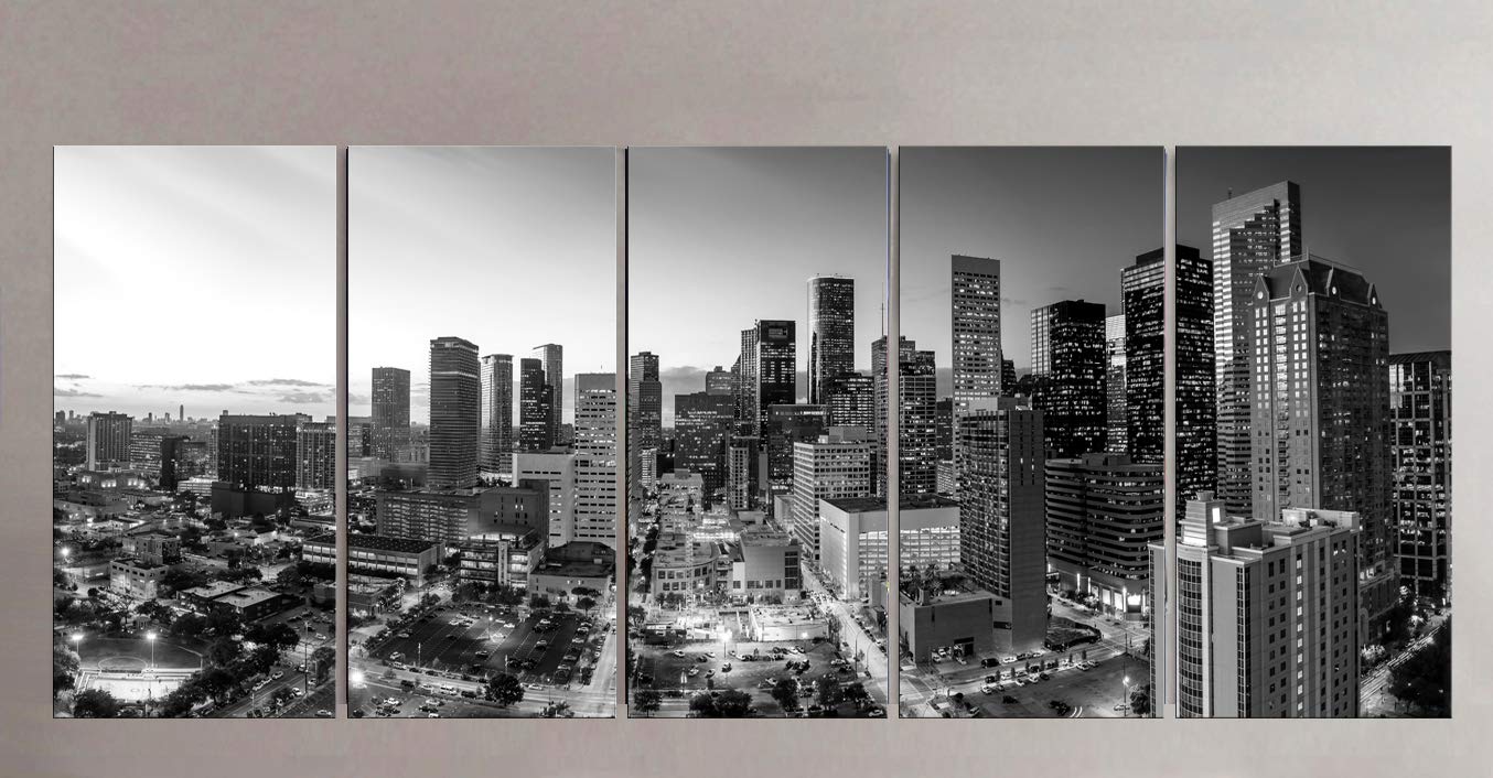 BoxColors - XLARGE 30"x 70" 5 Panels 30"x14" Ea Art Canvas Print Houston Texas skyline Black & white Wall Home decor (framed 1.5" depth)