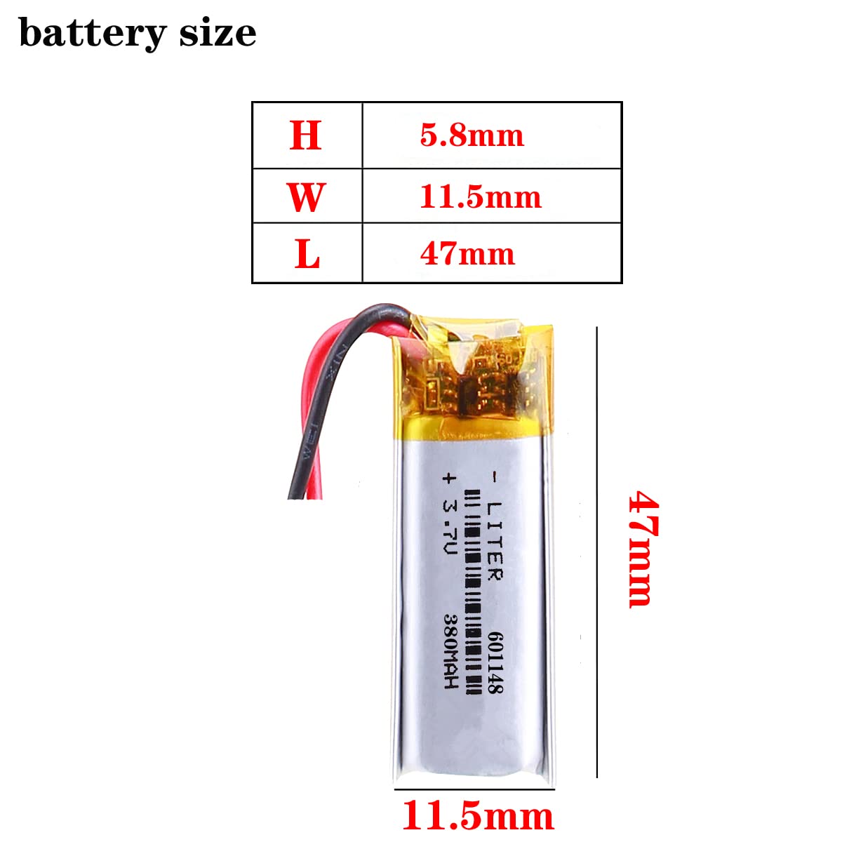 Liter 3.7V 380mAh 601148 Lipo Battery Rechargeable Lithium Polymer ion Battery Pack with Two Lines