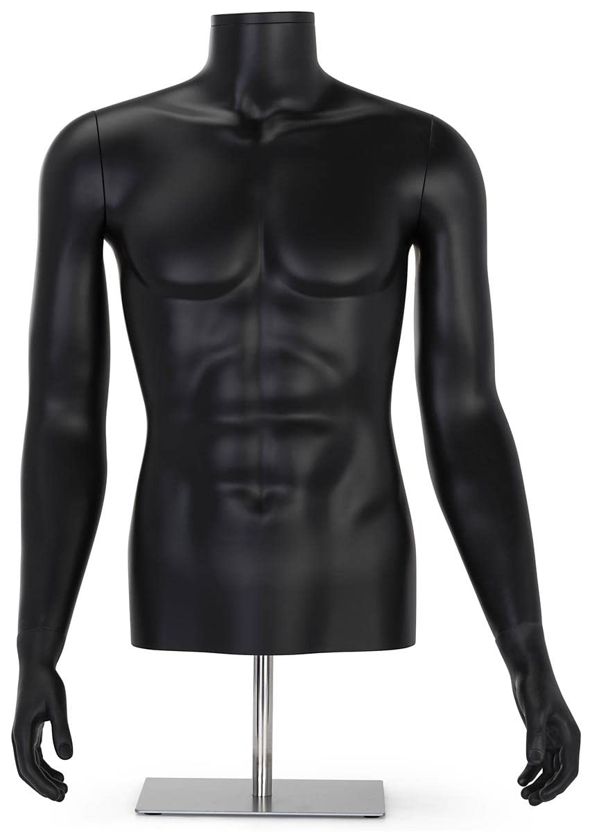 Displays2go Headless Male Torso Mannequin with Metal Base, Removable Arms - Matte Black (SMMMATBA)
