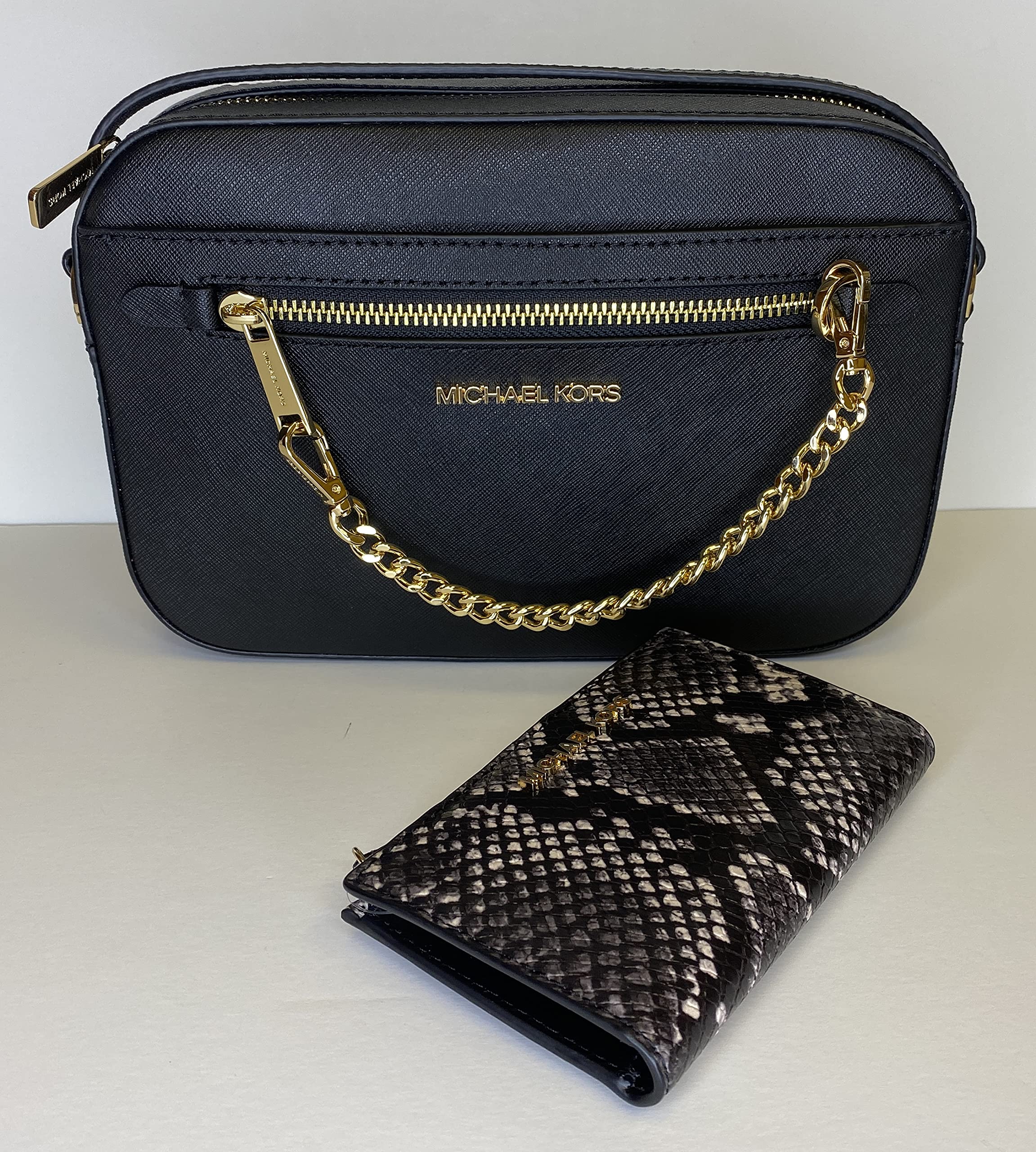 MICHAEL Michael Kors Jet Set Large Crossbody Bag bundled with Jet Set Travel SM Zip Card Case Wallet (Black/Python Embossed)