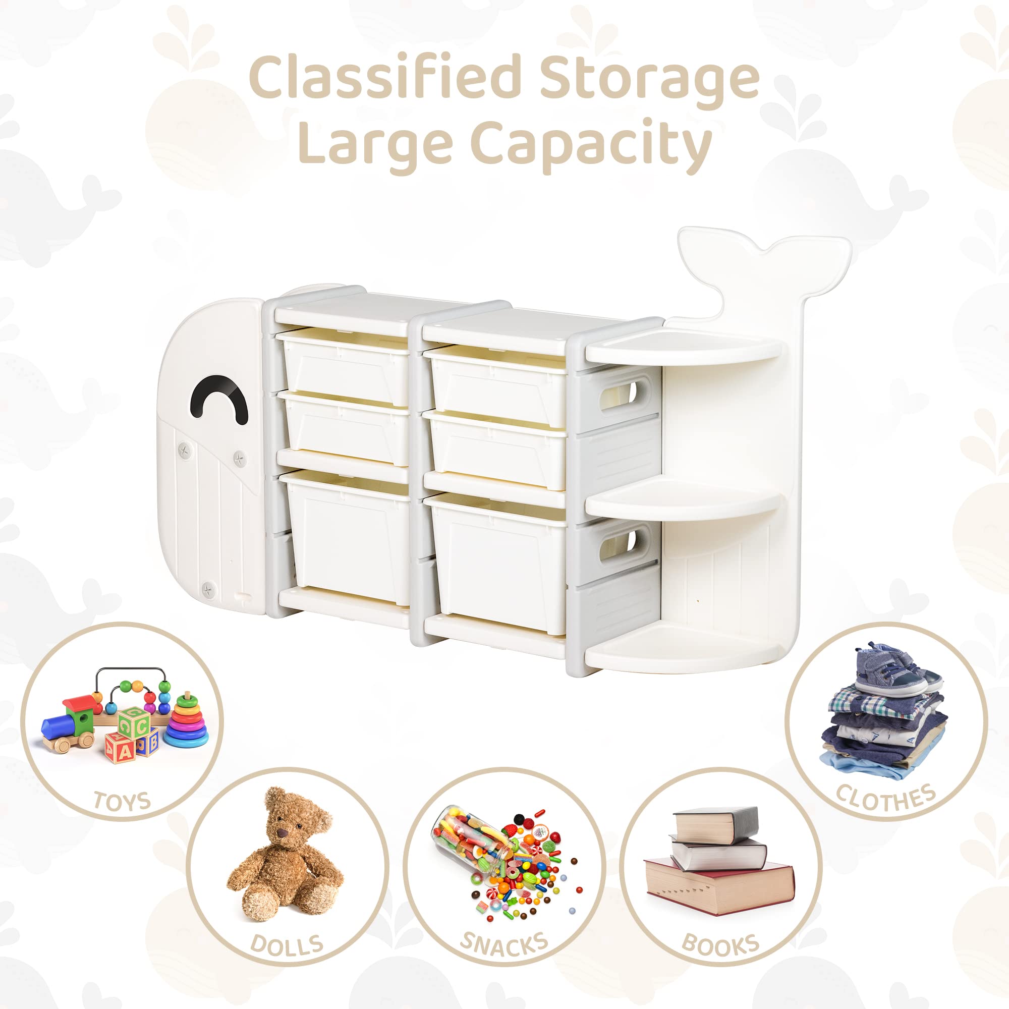 duke baby Kids Small 3 Layer Toy Storage Organizer with 6 Pull-out Storage Bins, Display Bookshelves, Multipurpose Toy Cabinets for Kids Playrooms Bedrooms Age 1-12, Whale Collection White Grey