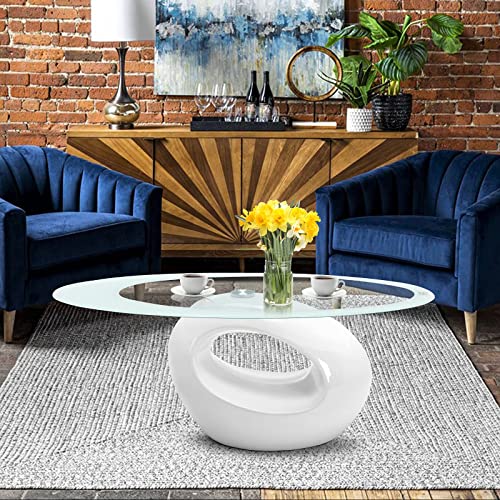 Modern White Glass Coffee Table for Living Room, with Glass Top & Glossy Solid Base for Storage, Sofa Side Central Table, Oval Glass Table Set for Living Room, Sitting Room