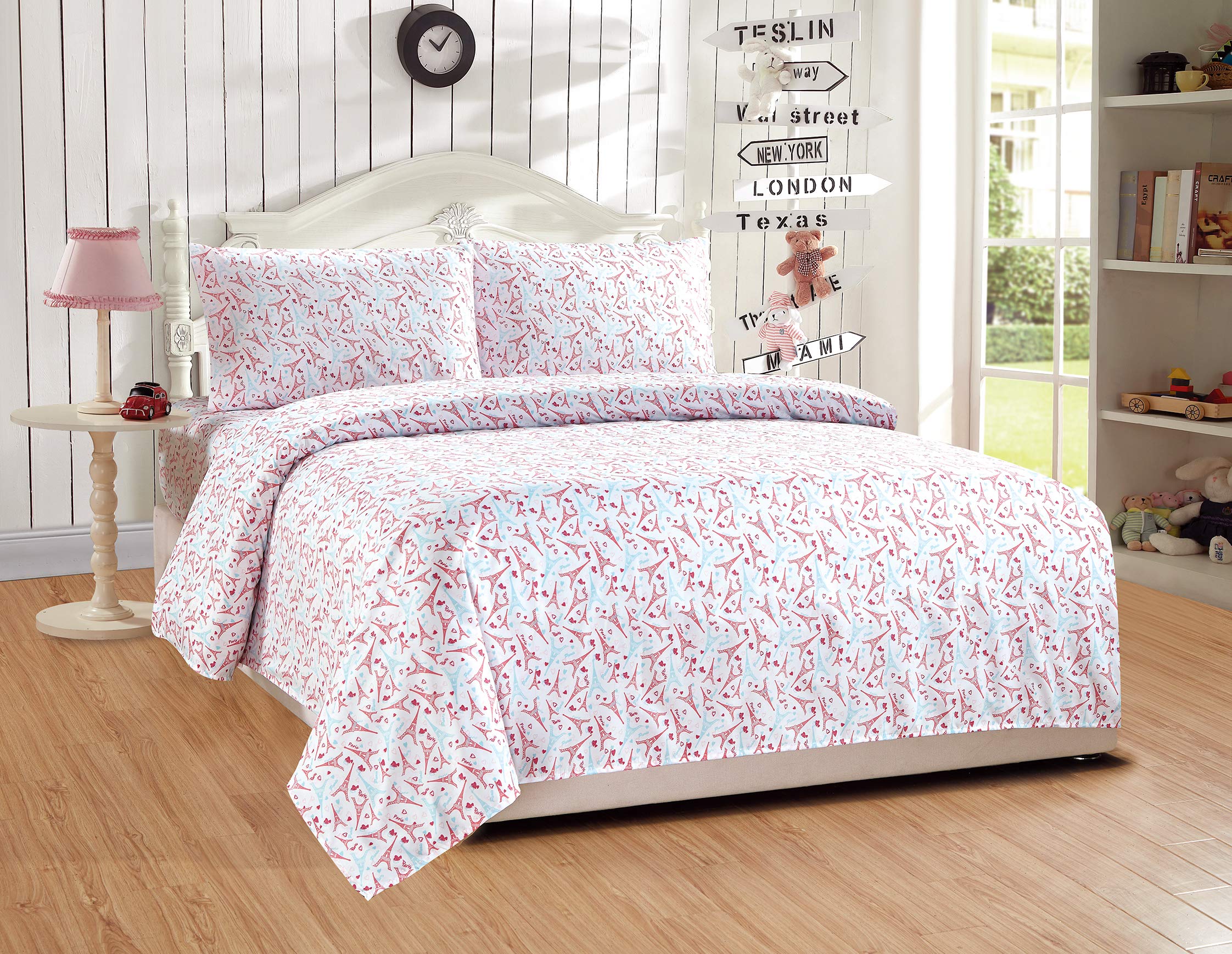 Linen Plus Sheet Set for Girls/Teens Eiffel Tower Paris Hot Pink Light Blue White Flat Sheet Fitted Sheet and Pillow Case Twin Size New