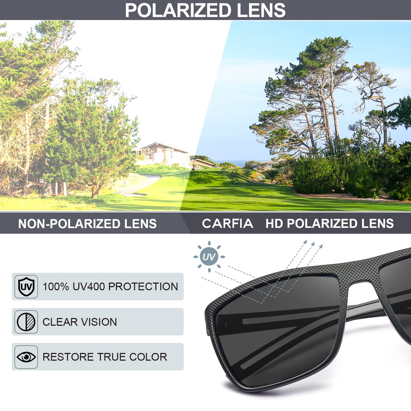 CARFIA Polarized Men's Sunglasses Unbreakable Frame Spring Hinge Flexible Material for Small/Medium/Large Head CA5500