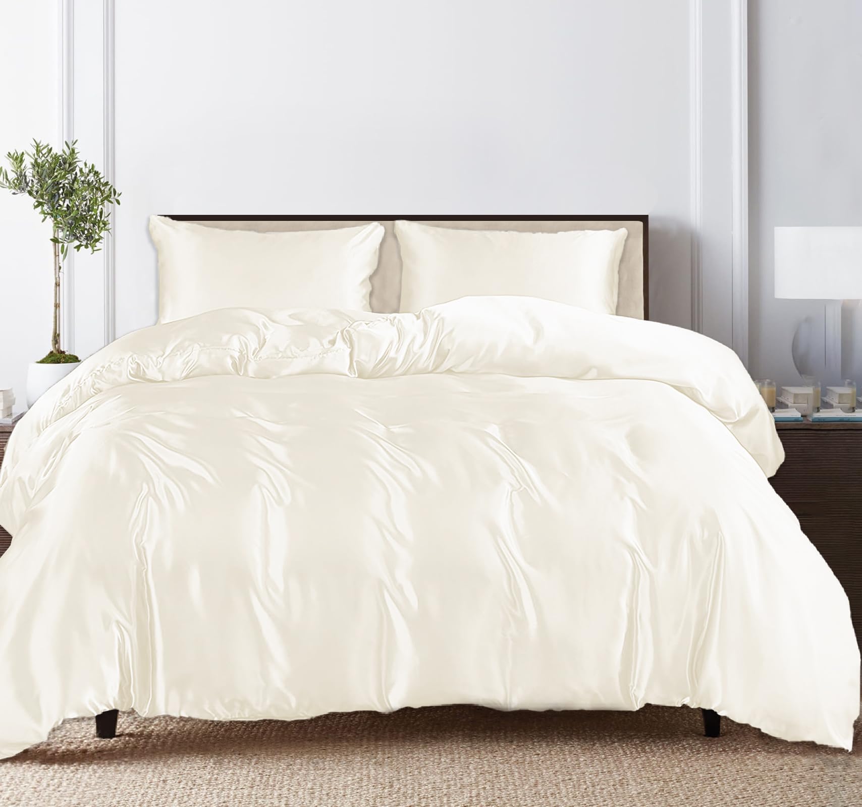 Linenwalas Tencel Lyocell Duvet Cover Set with Deep Pocket Fitted Sheet, Viscose Made from Eucalyptus Soft, Lightweight and Breathable Complete Bedding Set (Ivory, King)