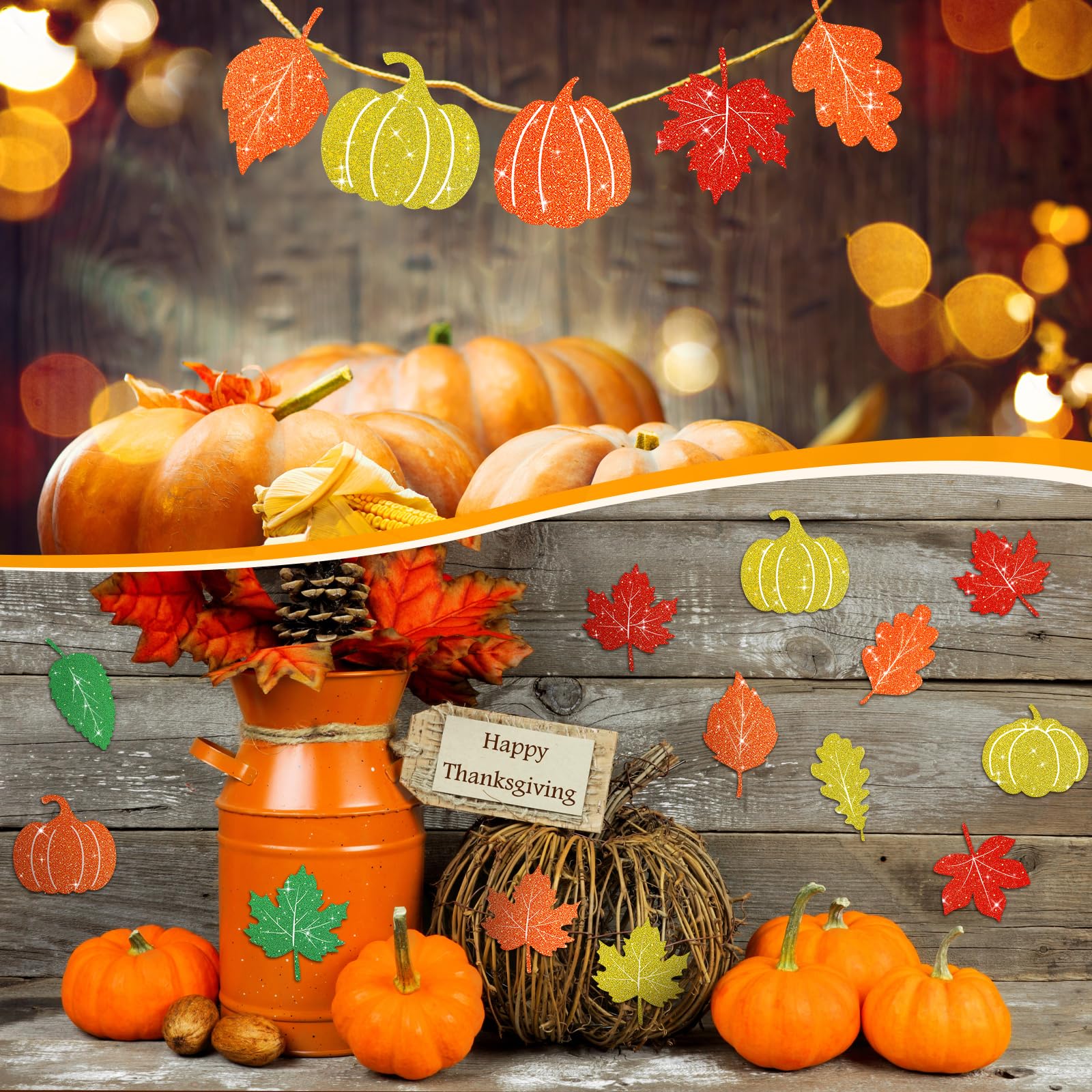 Cholemy 150 Pcs Large Fall Leaves Pumpkin Cutouts Glitter Paper Fall Leaves Die Cuts Artificial Confetti Maple Leaves Elm Leaf Leaves Pumpkin Cutouts for Classroom Bulletin Board Thanksgiving Autumn