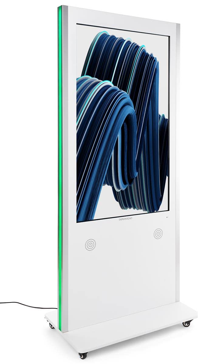 Displays2go Touch Screen Floor Kiosk with LED Accents, Wheels, Android OS, Single-Sided - White (DGFSTCH55ELWH)