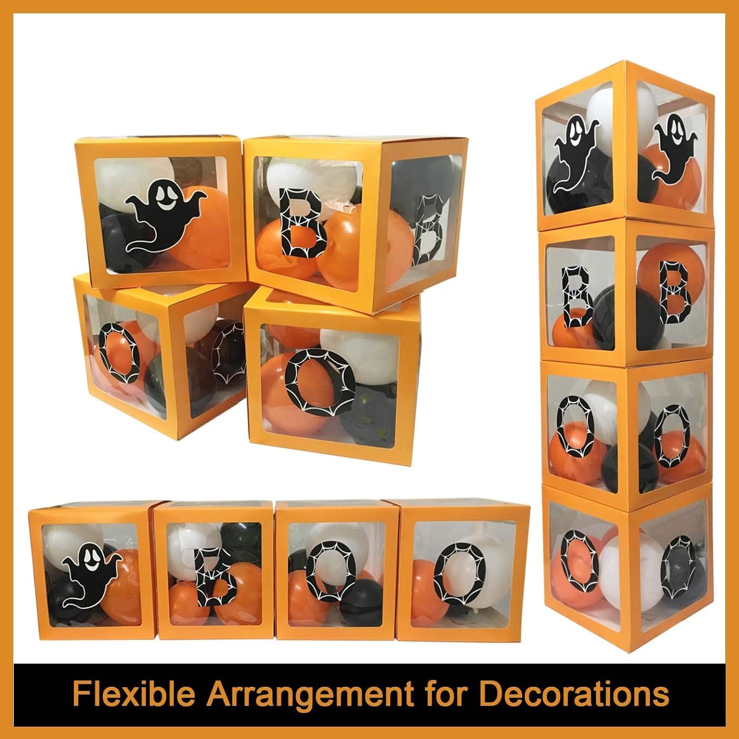 Halloween Balloon Boxes Decorations - Orange Transparent Box for Halloween Baby Shower, Birthday Party Decorations - Includes 4 Box Blocks, Black Ghost Boo Letter Stickers, 20 Latex Balloons