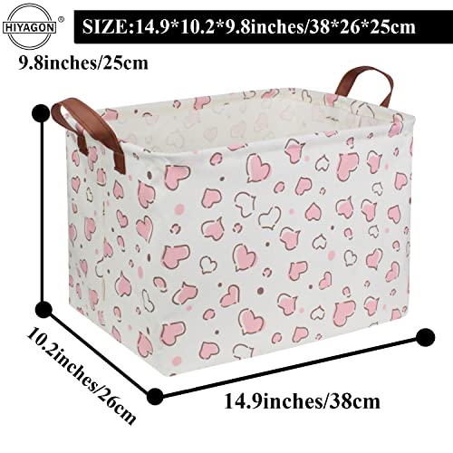 HIYAGON Pink Basket,Valentines Gift Baskets Empty,Cute Storage Bin,Baby Girl Basket, Kids Toy Basket,Rectangular Shelf Basket with Handles,Nursery(Pink Hearts)