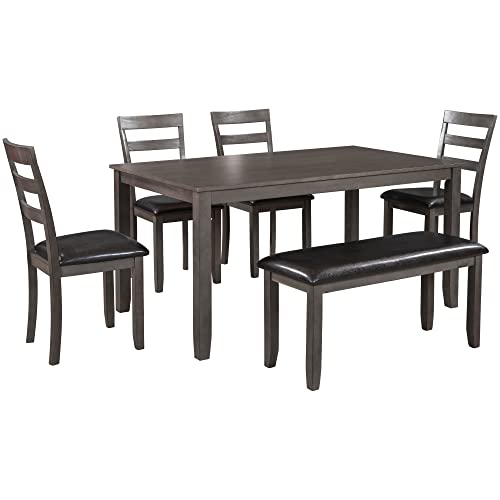 MOEO 6 Piece Kitchen Table Set, Wood Dining Faux Marble Top Diningtable with 4 PU Cushion Chairs & Bench for Breakfast Nook, Bar, Living Room, Gray, Brown