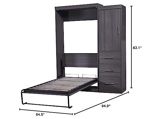 MOEO Twin Size Murphy Bed with Wardrobe and Drawers, Storage Bed, Can be Folded into a Cabinet, Wood Bedframe for Kids and Adults, Bedroom, Dorm, No Box Spring Required, Easy Assembly, Gray