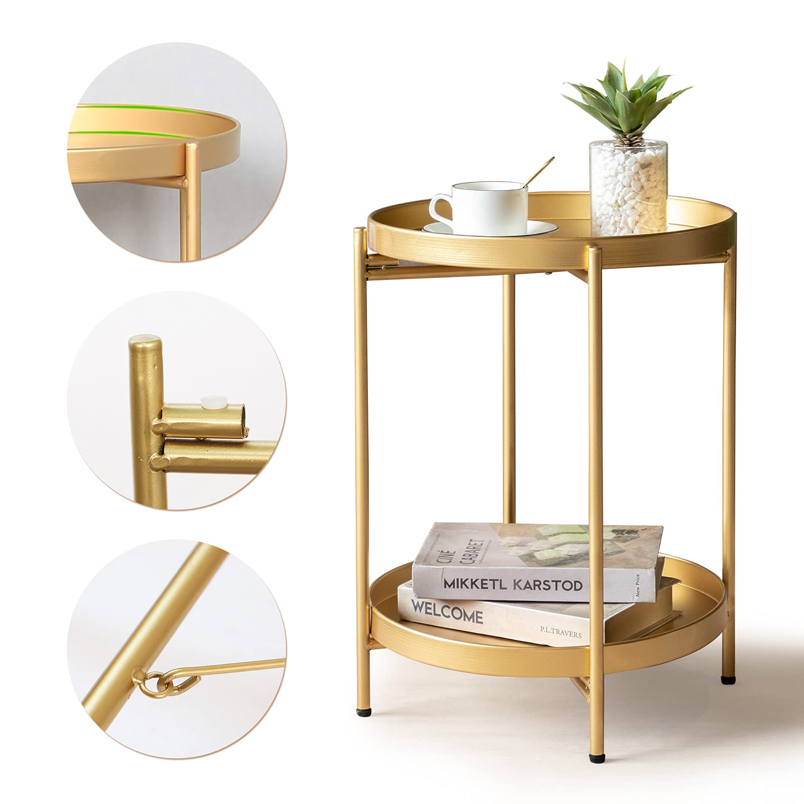 FUNME Gold Folding End Table 2-Tier Metal Round Side Table with Removable Tray for Living Room,(15.2''Dx20''H)