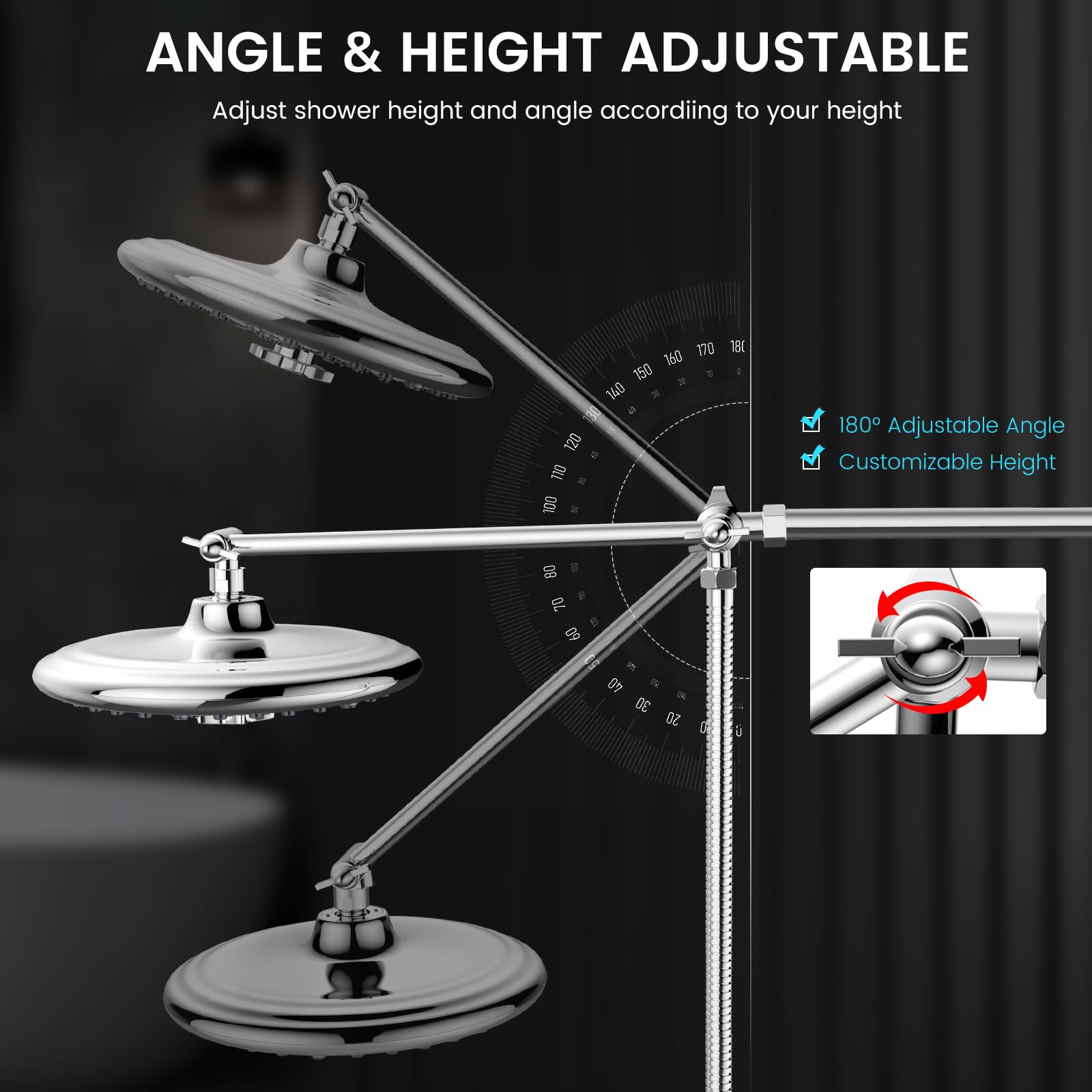 FEELSO Shower Heads with Handheld Spray Combo with ON/OFF Pause Switch, 10" High Pressure Rain 7 Settings Showerhead with 11" Adjustable Extension Arm, 9 Functions Anti-clog Handle Set with Power Wash