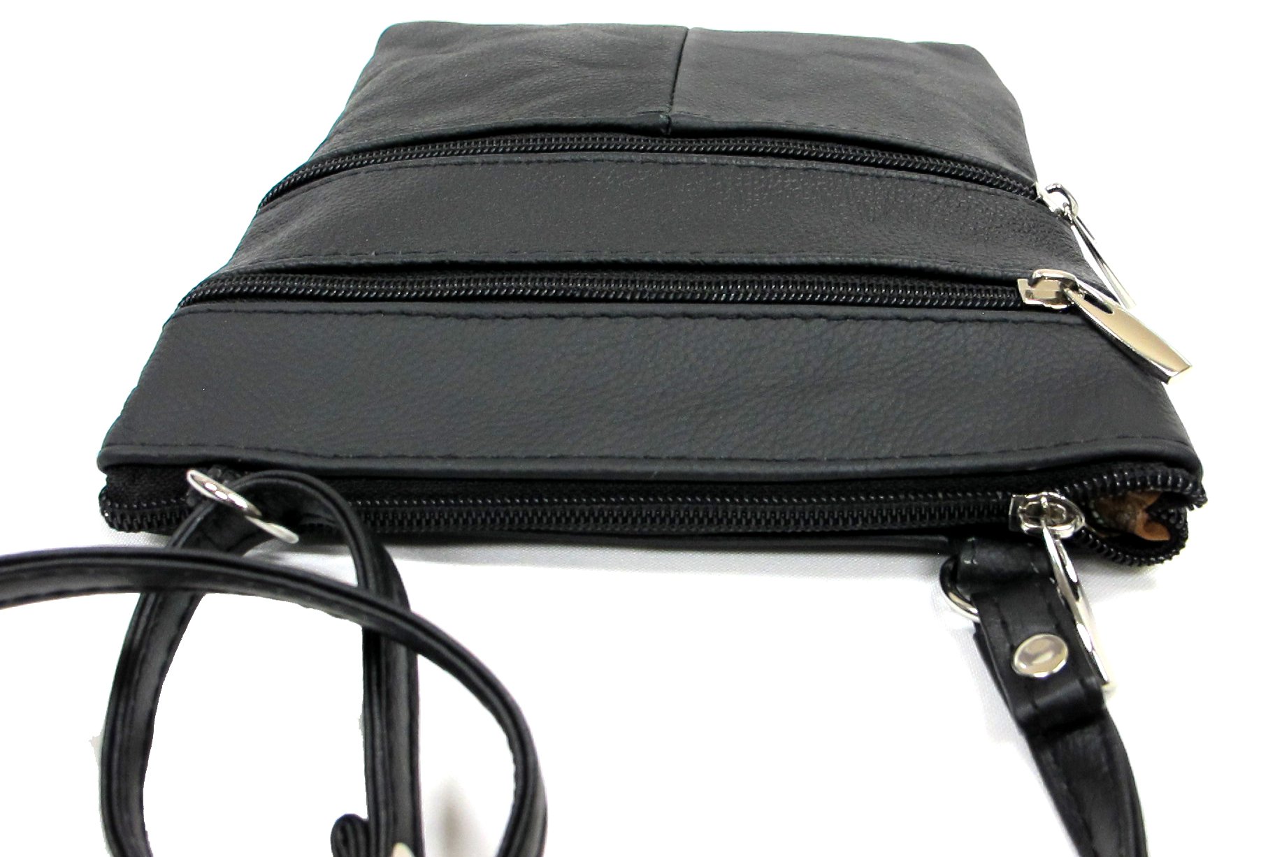Lady's 5 Zipper Pocket 100% Leather Cross Body Slim Purse Paisley Lining- 5 Color (Black)