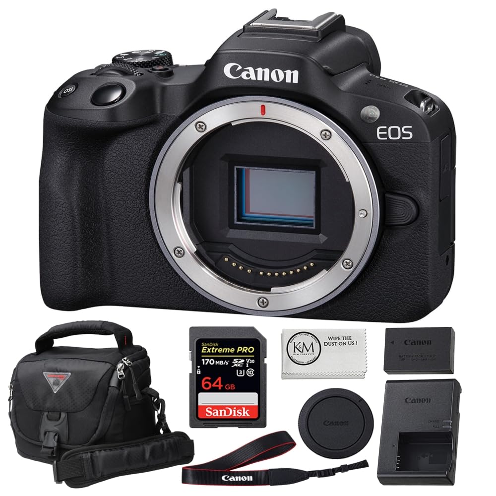 Canon EOS R50 Mirrorless Camera | Black Bundled with 64GB Memory Card + Camera Case with Rain Cover + Microfiber Cleaning Cloth (4 Items)