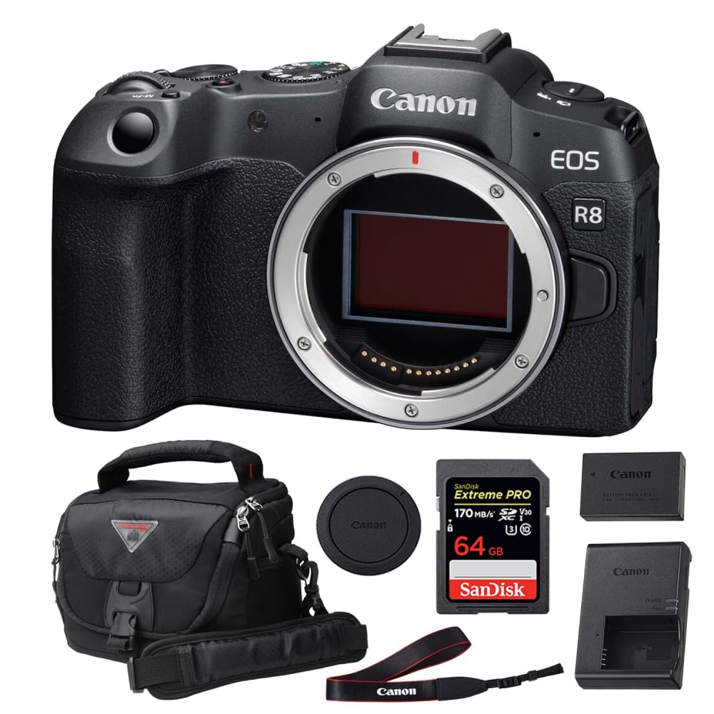 Canon EOS R8 Mirrorless Camera Body with 64GB Extreme PRO Memory Card + Camera Case with Rain Cover (3 Items)