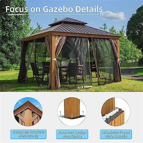 Evedy Gazebo 12x12, Hardtop Gazebo, Wooden Coated Aluminum Frame Canopy with Galvanized Steel Double Roof, Netting and Curtains Included, for Patio, Deck and Lawn