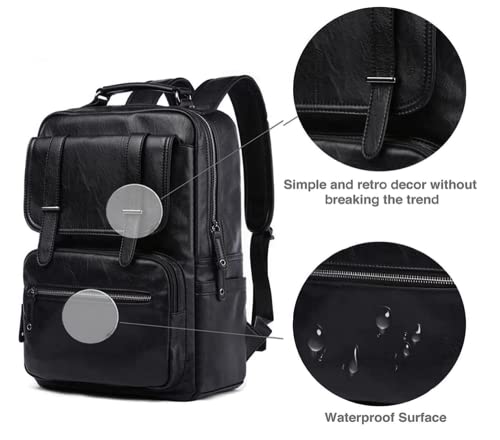 HKZHITOU Laptop Backpack For Men Vintage Leather College Backpack Black Travel Waterproof Bags Fit 16 Inch Notebook