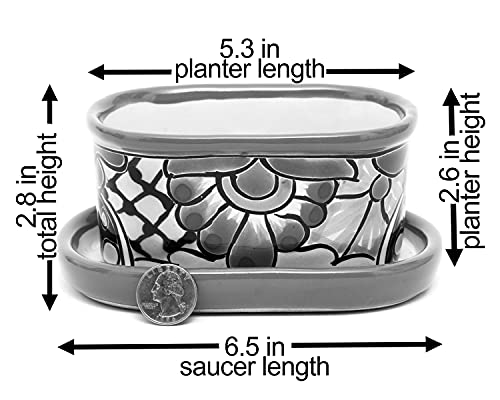 Enchanted Talavera Mexican Talavera Ceramic Succulent Pot Mini Flower Planter Cactus Bonsai Pot W/Drainage & Drip Dish Home Garden Office Desk Décor Gift Set (Peacock)