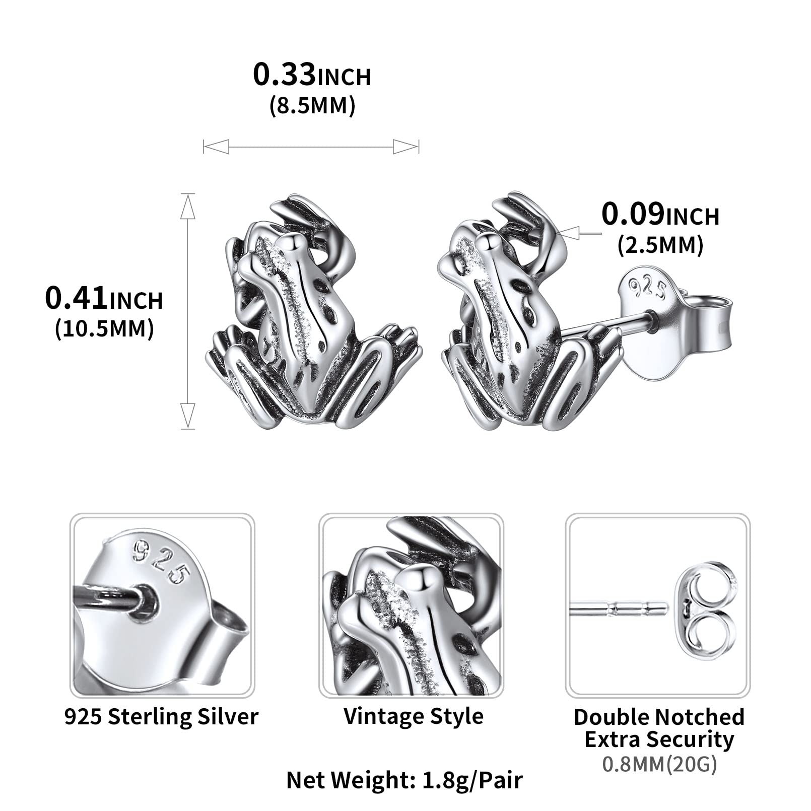 ChicSilver 925 Sterling Silver Stud Earrings for Women Sensitive Ear Hypoallergenic Frog Earrings Cute Funny Animal Jewelry