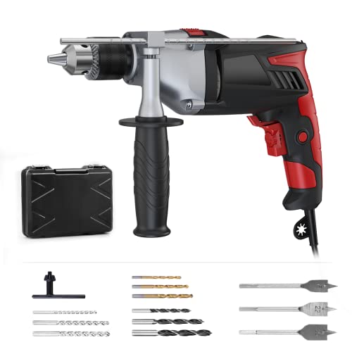 DEKOPRO 8Amp 1/2-inch Corded Impact Drill with 12pcs Accessories, Variable Speed 0-2800, Hammer and Drill 2 Functions in 1, 360°Rotating Handle, Depth Gauge, Carrying Case Included