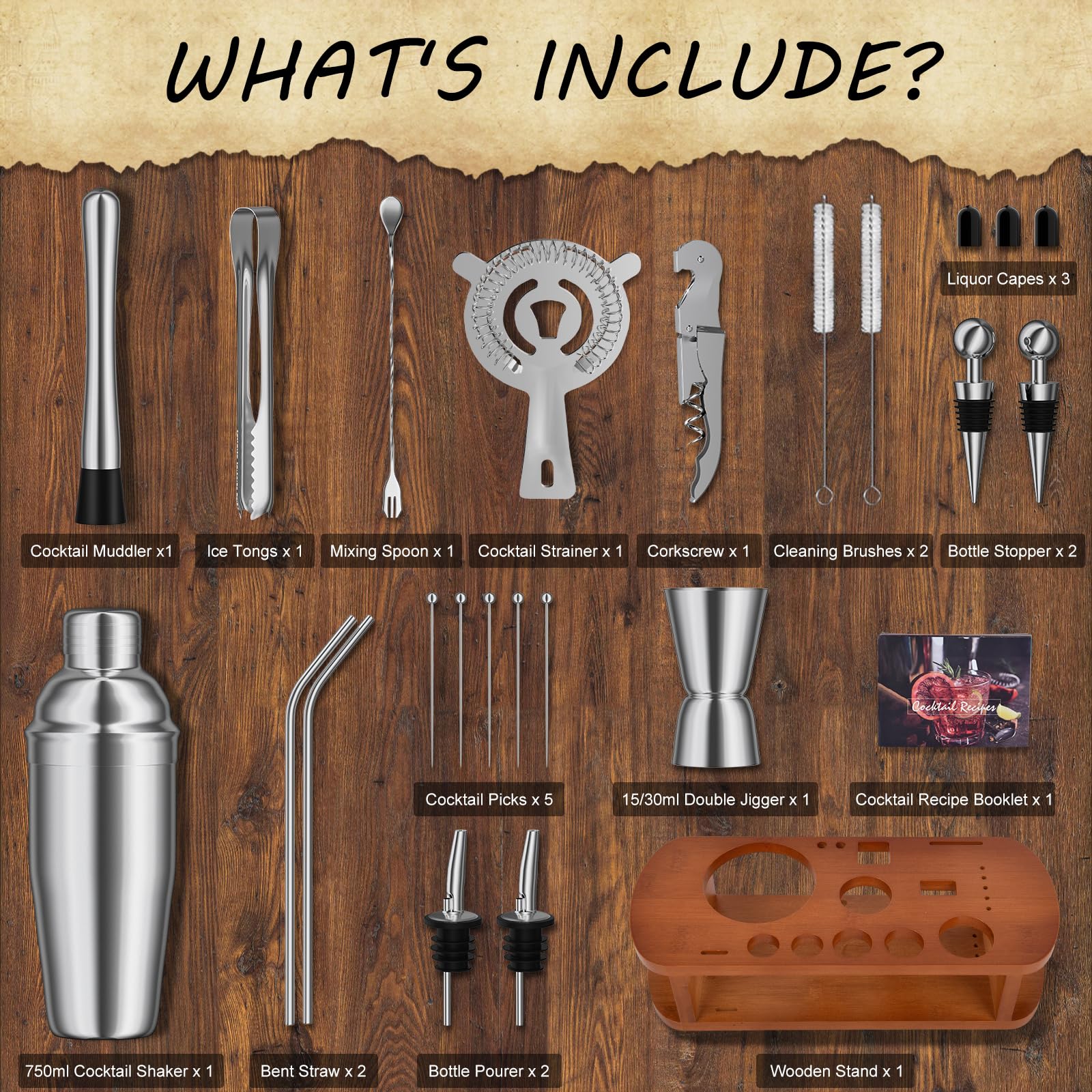 Carsolt Cocktail Shaker Set with Bamboo Stand, 26-Pieces Bartender Kit 25 oz Martini Bar Tools Set for Drink Mixing, Professional Stainless Steel Bar Tools Set Gift for Home, Bar, Party