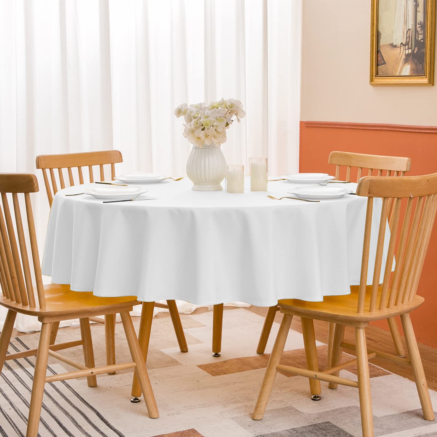 Softalker Round Tablecloth, Waterproof & Stain Resistant Table Cloth Wrinkle Free Fabric Washable 210GSM Polyester Table Cover for Spring/Party/Outdoor - 60 inch,White