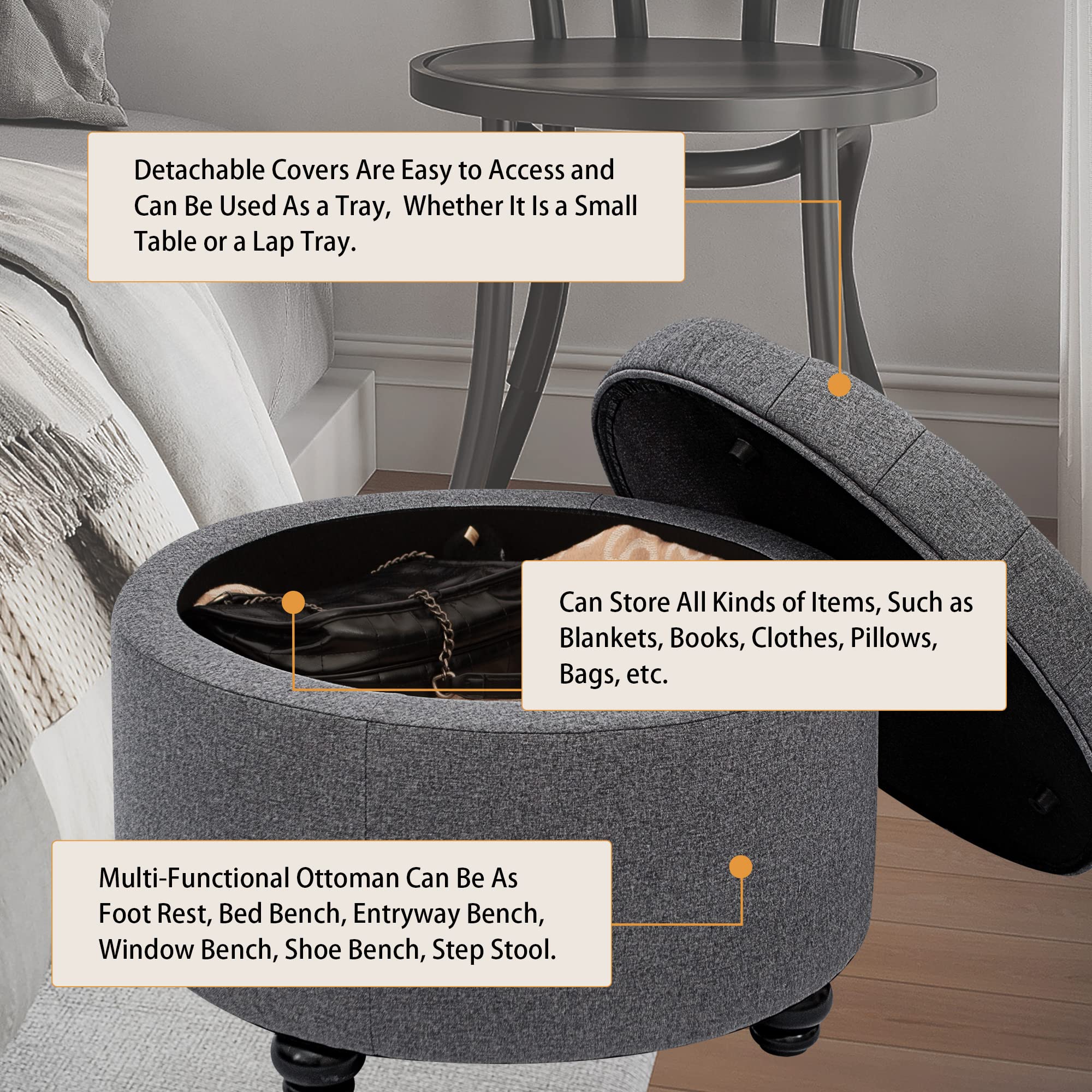 CangLong Large Button Tufted Fabric Round Storage Ottoman with Storage for Living Room & Bedroom,Dark Grey