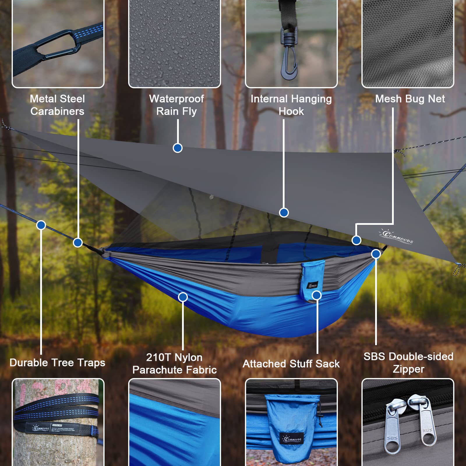 COMMOUDS Camping Hammock with Mosquito Net and Rain Fly, Double Portable Hammock, 2 Person Nylon Parachute Hammock Tent with Tarp & 2 Tree Traps for Backpacking Travel Beach Backyard Patio Hiking
