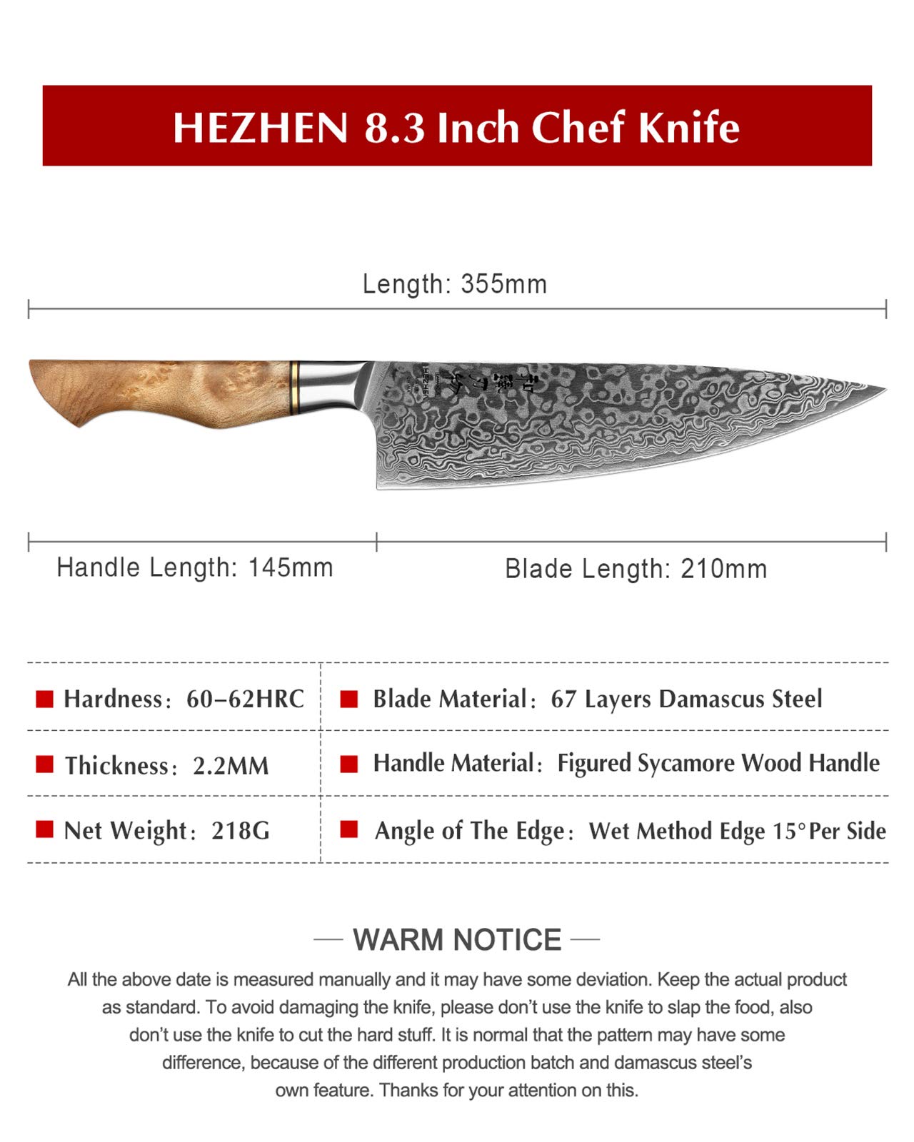 HEZHEN Chef's Knife-Professional-8.3 inch Damascus Steel, Kitchen Knife VG10 Gyuto Knife-Master Series Chef Cooking Tool at Home,Restaurant-Figured Sycamore Wood Handle
