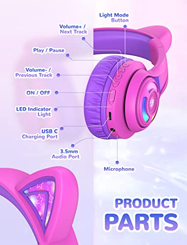 iClever Cat Ear Kids Bluetooth Headphones, LED Lights Up, 74/85/94dB Volume Limited, 50H Playtime,Bluetooth 5.2, USB C,Kids Headphones Wireless Over Ear for Travel iPad Tablet, Meow Macaron-Hot Pink