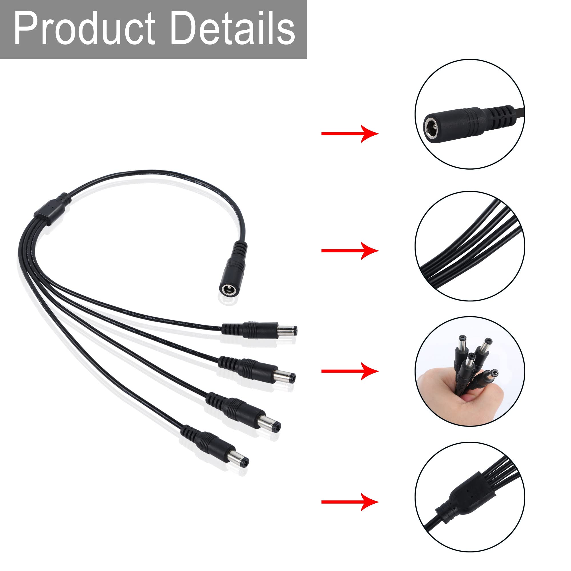 GINTOOYUN DC Splitter Cable 1 Female to 4 Male 5.5mm x 2.1mm, 12V DC Power Extension Cable Splitter Adapter for CCTV Security Camera, LED Strip Light, etc 0.7m (1 to 4 Way)