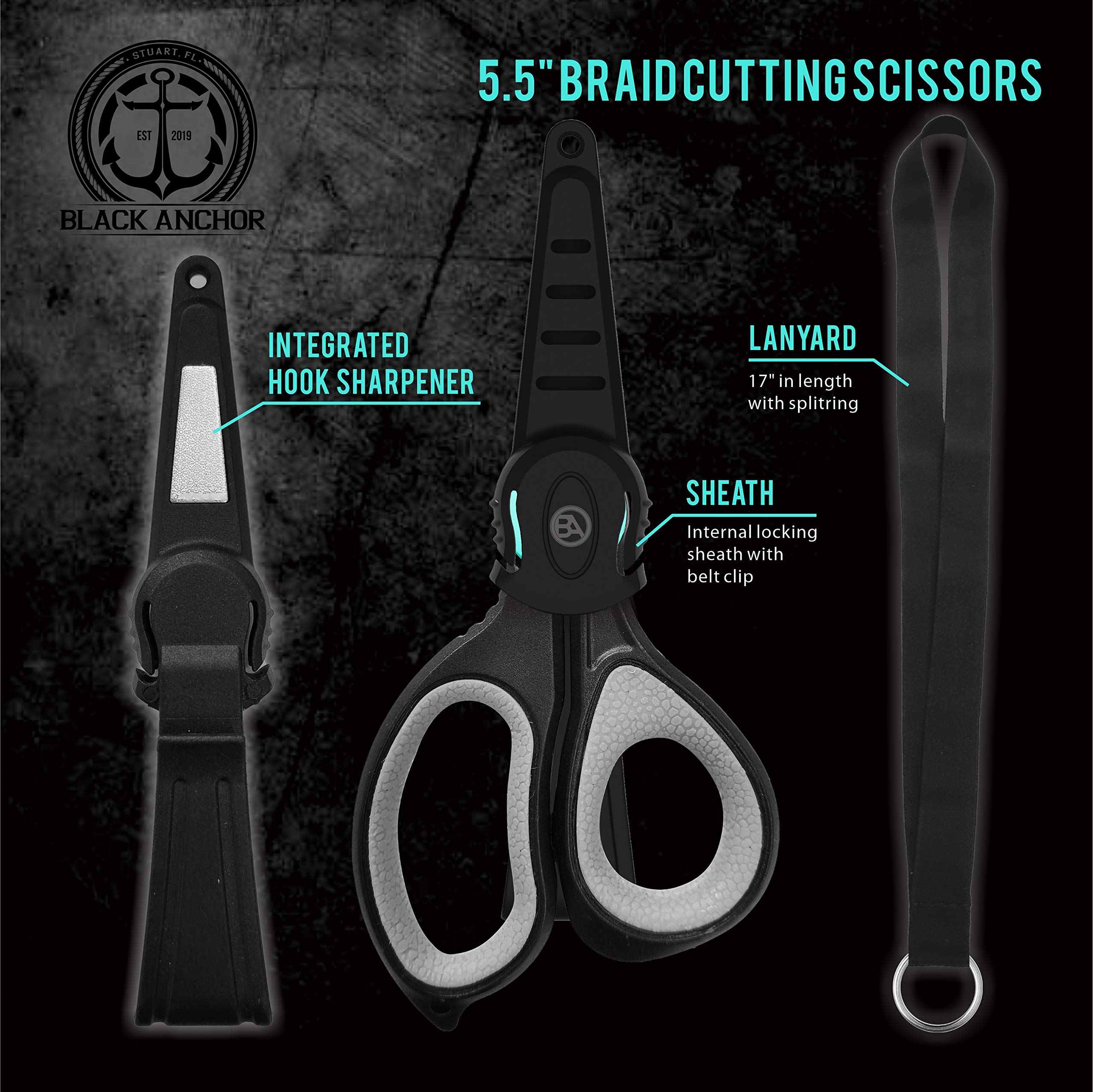 Black Anchor Fishing Braid Line Scissors, Super Sharp Japanese Stainless Steel Blades with Micro Serrated Cutters, w/Sheath, Non-Slip TPR Handles, Includes Lanyard