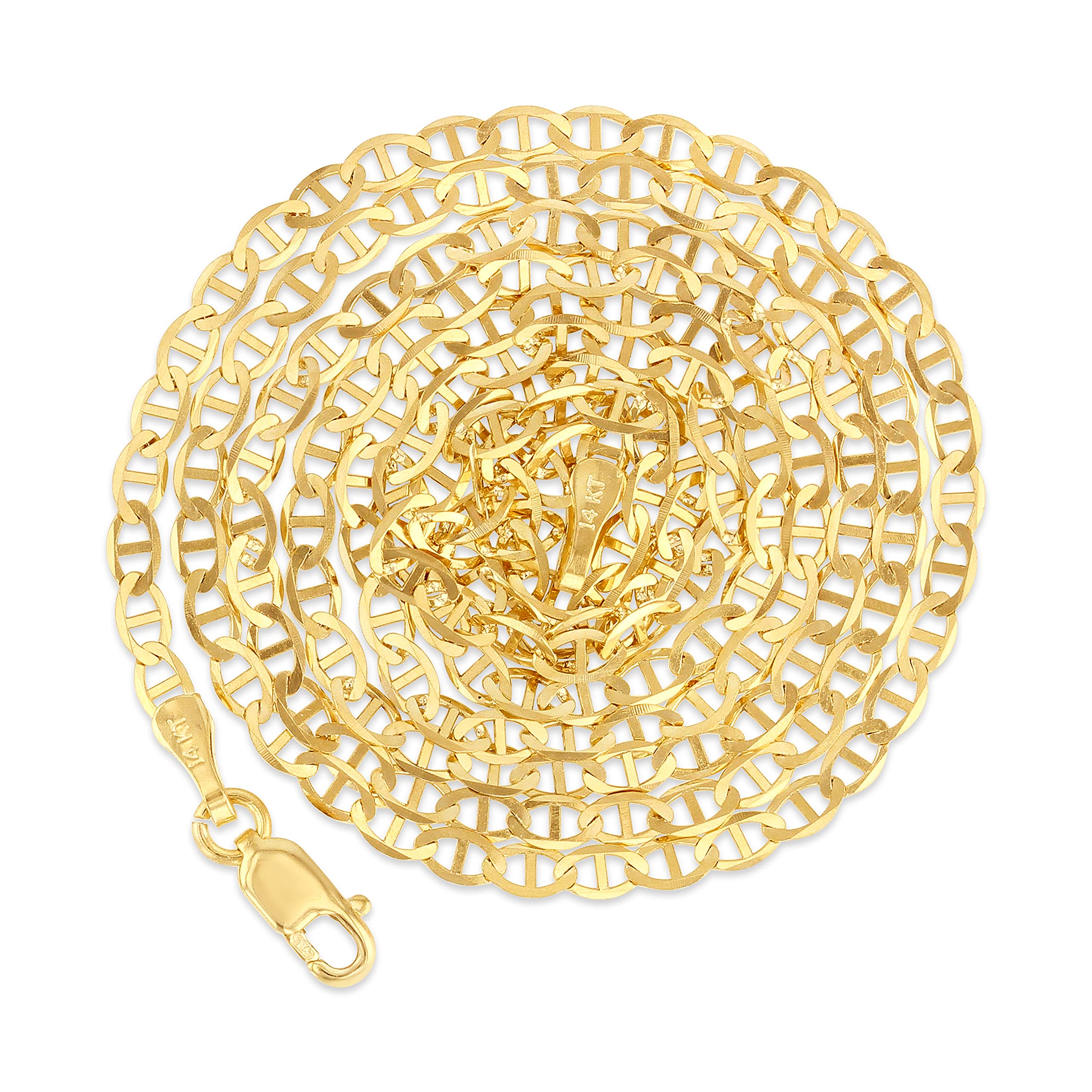 Ioka - 14K REAL Yellow Solid Gold 2.5mm Flat Mariner Chain Necklace with Lobster Clasp - 22"