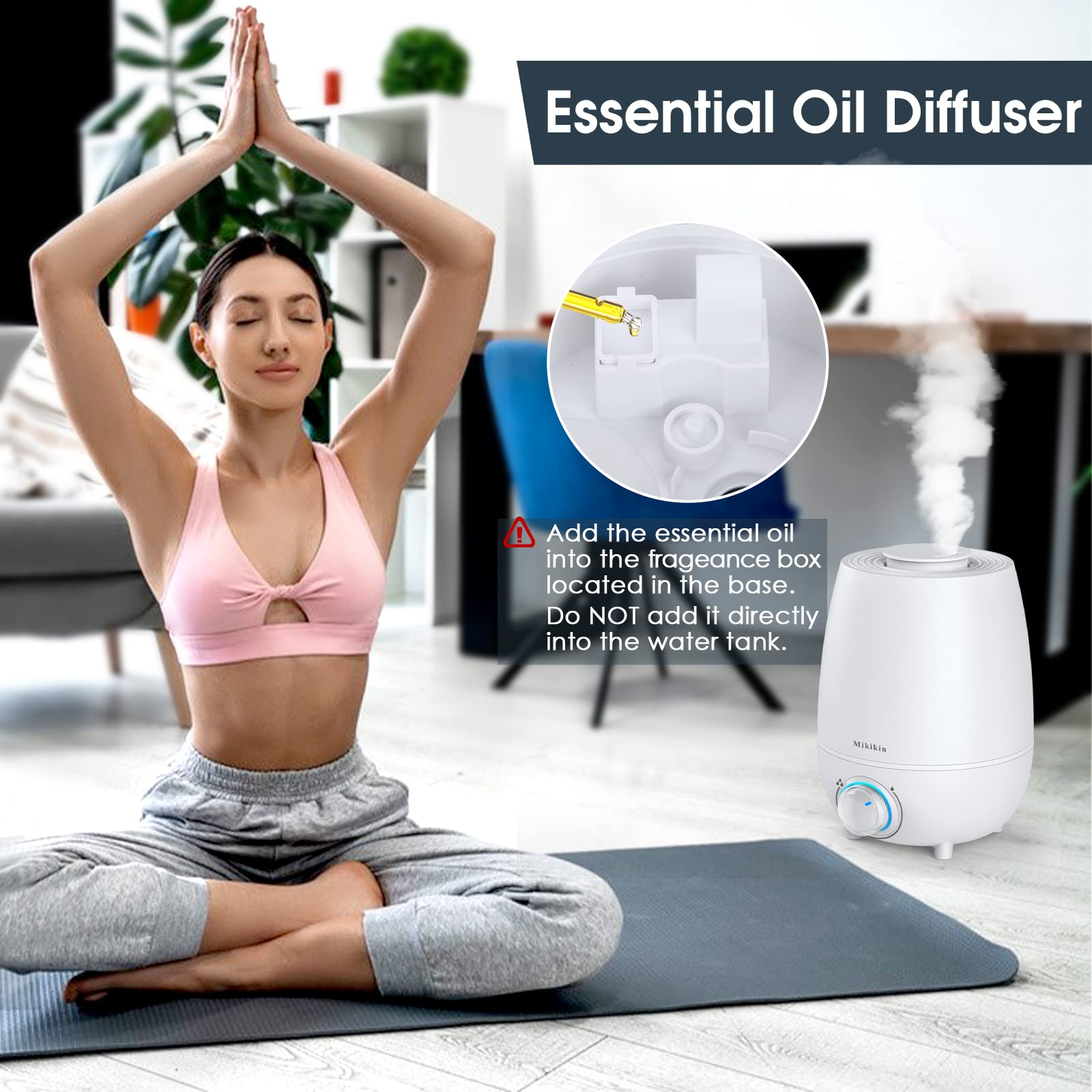 Mikikin Cool Mist Humidifiers, Ultrasonic Air Humidifier for Bedroom, Baby, Nursery, Home, Quiet, 3L Top Fill Humidifier with 360° Rotatable Nozzle, Essential Oils Tray, Auto Shut-Off, Easy to Clean