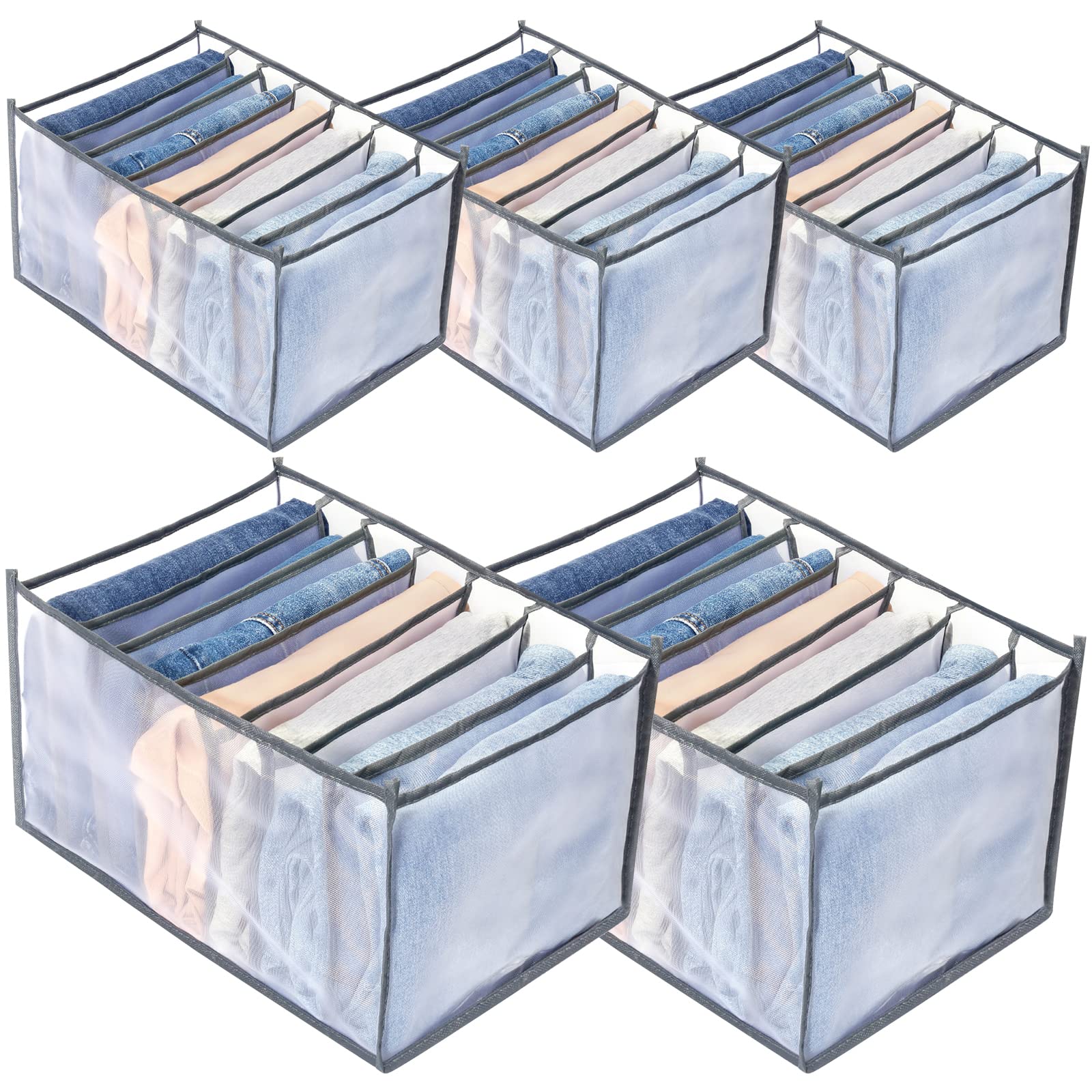 Topcci 5PCS Wardrobe Clothes Organizer for Drawers, Closet Organizers And Storage, Drawer Organizers for Clothing, Jeans Organizer for Closet for T-shirts, Thin Jeans, Pants, Leggings (Gray, 7 Grids)