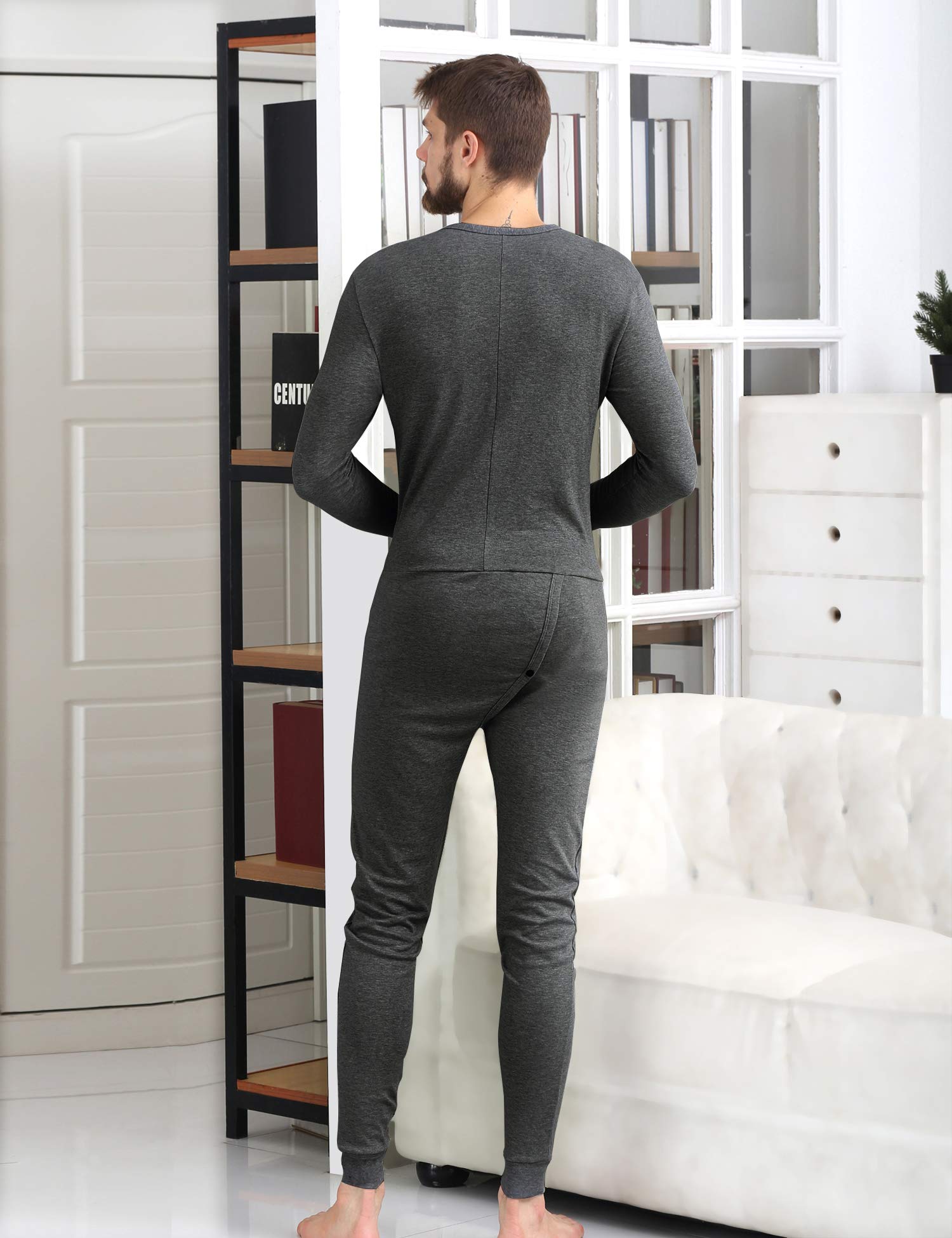 COLORFULLEAF Men's Cotton Thermal Underwear Henley Union Suits Onesies Base Layer (Dark Grey, M)