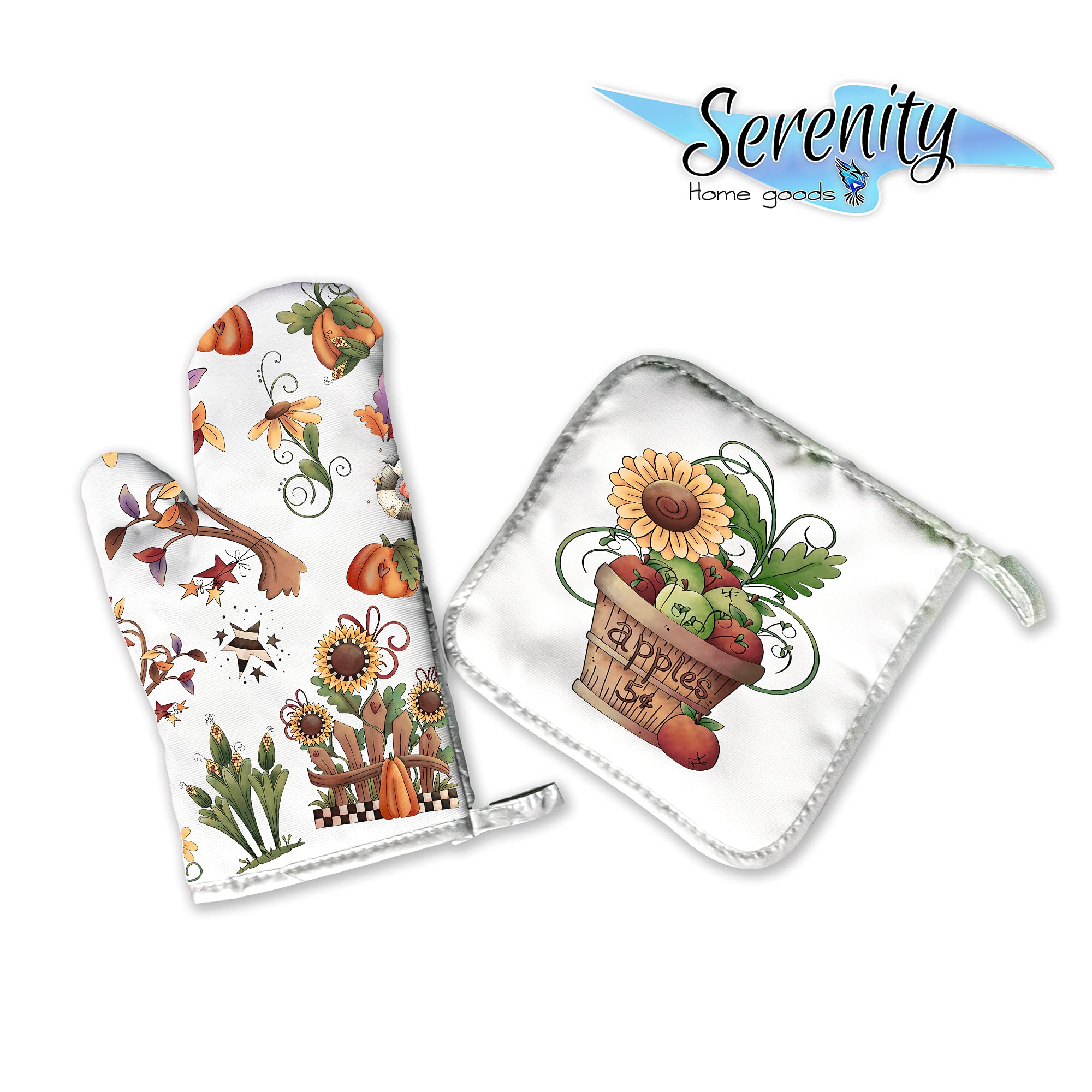 Decorative Cloth Kitchen Oven Mitt Pot Holder Set | Autumn Fall Halloween | Home Decor Seasonal Holiday Decorations | Rustic Harvest Pumpkin Spice Coffee
