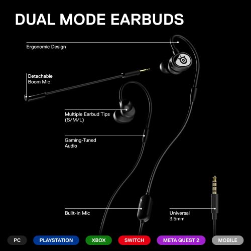 SteelSeries Tusq in-Ear Mobile Gaming Headset β Dual Microphone with Detachable Boom Mic β Ergonomic Suspension Design Earphones β for Mobile