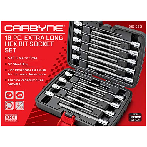 CARBYNE 18 Piece Extra Long Hex (Allen) Bit Socket Set | SAE & Metric, S2 Steel Bits, CrV Sockets, Corrosion Resistance, Durable Storage Case | 1/8''-3/8'' SAE / 3mm-10mm Metric, 3/8" Dr.
