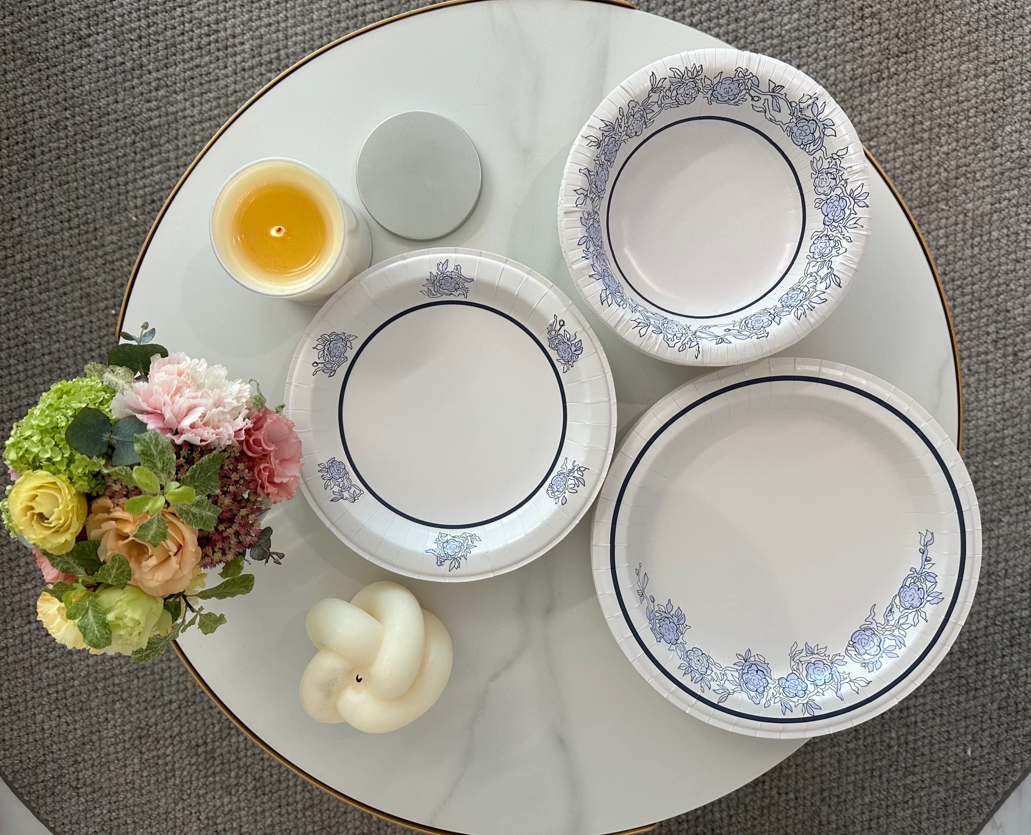 DHG PROFESSIONAL Pack of 42 Counts Beautifully Designed Blue Floral Paper Bowls - Luxury Disposable Tableware for any Occasion (20oz Bowl)