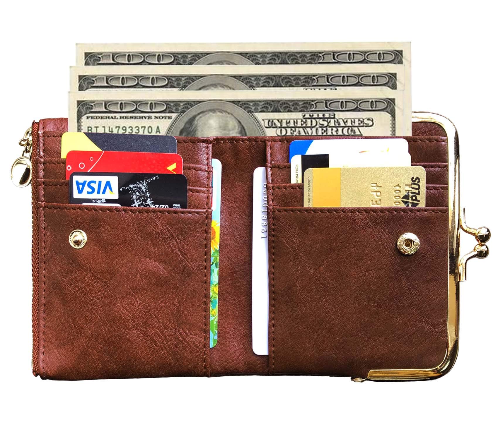 TOPKULL Womens Wallet Small Bifold Rfid Ladies Mini Vintage Coin Purse With Zipper and Kiss Lock (Brown)
