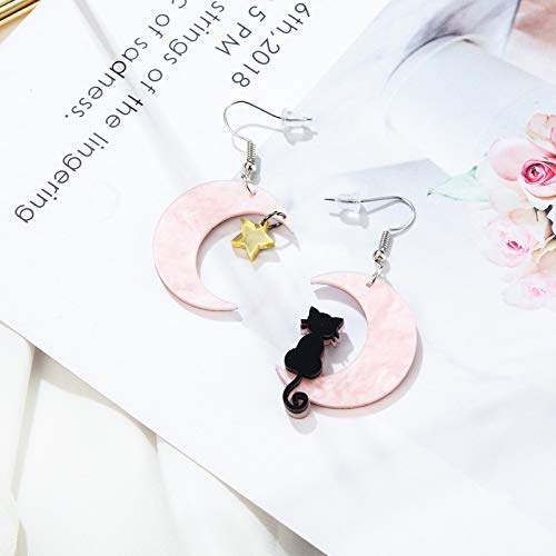 Black Cat on the Moon Dangle Earrings Acrylic Star Earrings Animal Lovely Women Jewelry-Pink