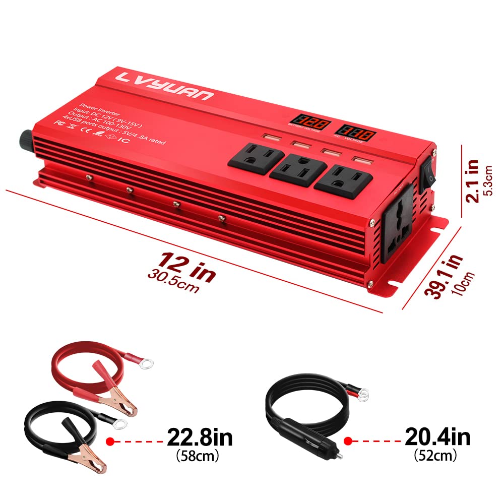 Cantonape 1000W/2000W(Surge) Car Power Inverter DC 12V to 110V AC with 4 Outlets, 4 USB Ports and Input/Output LED Display - Black