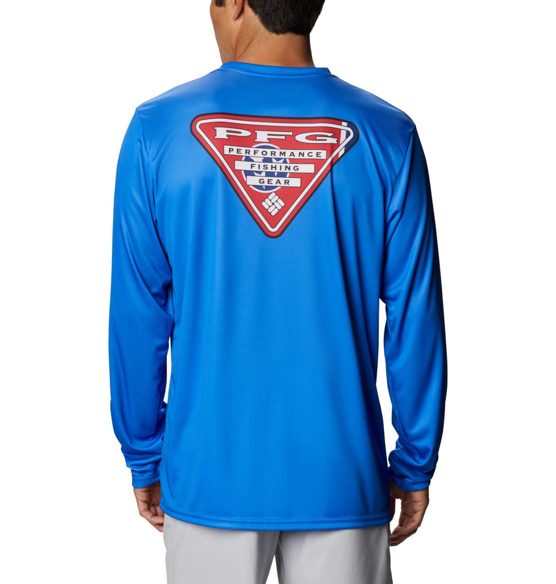 Columbia Men's Terminal Tackle PFG State Triangle Long Sleeve, Moisture Wicking, UV Sun Protection, Vivid Blue/Tn Flag, 5X Tall